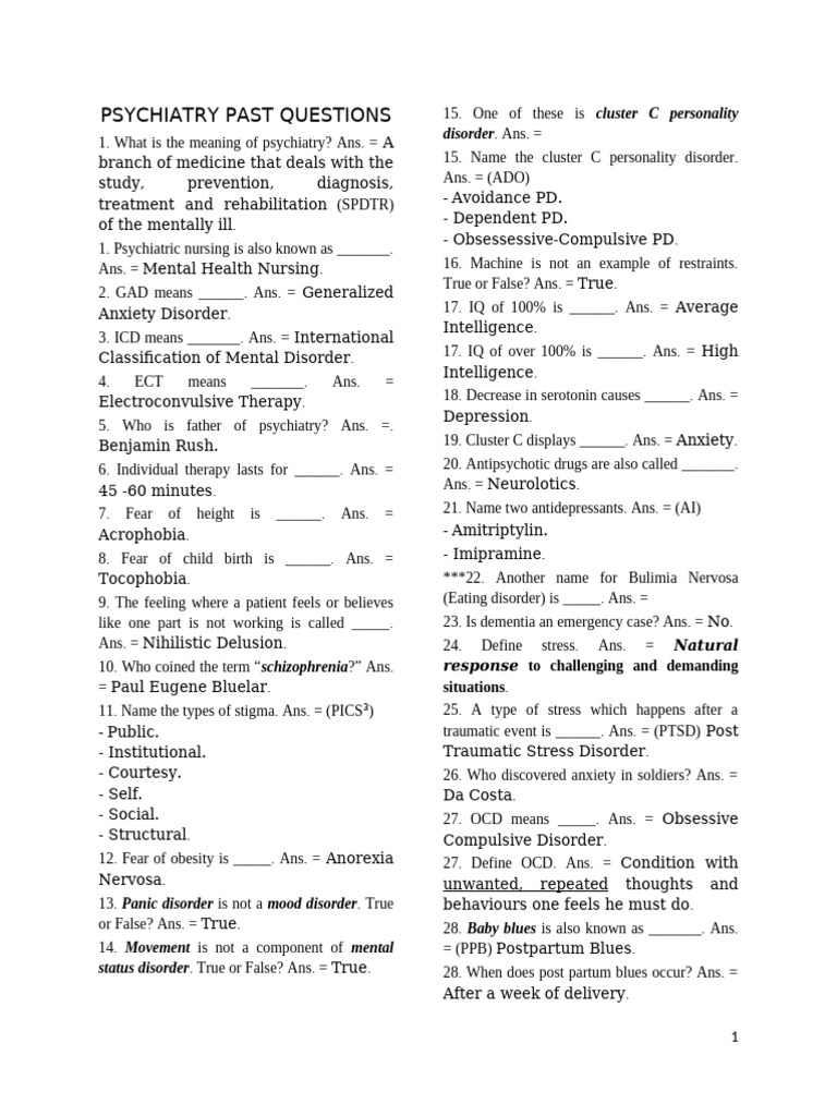 Psychiatry Past Questions | PDF | Mental Disorder | Electroconvulsive ...