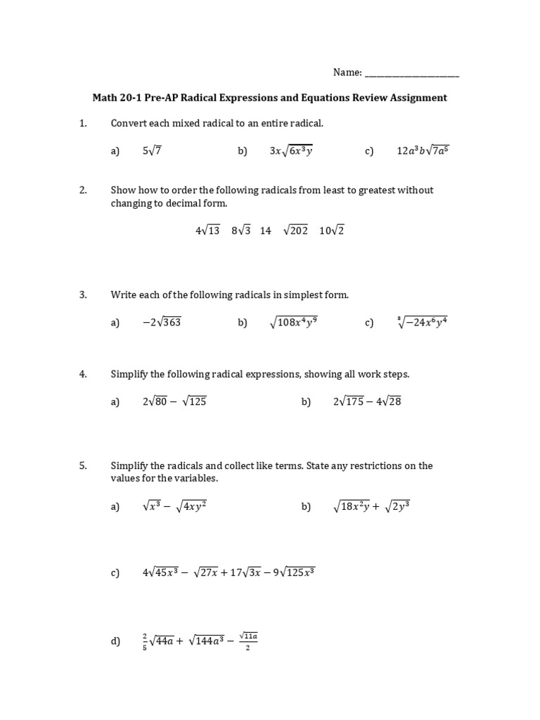 Math 20-1 Pre-AP Radical Expressions and Equations Review Assignment ...
