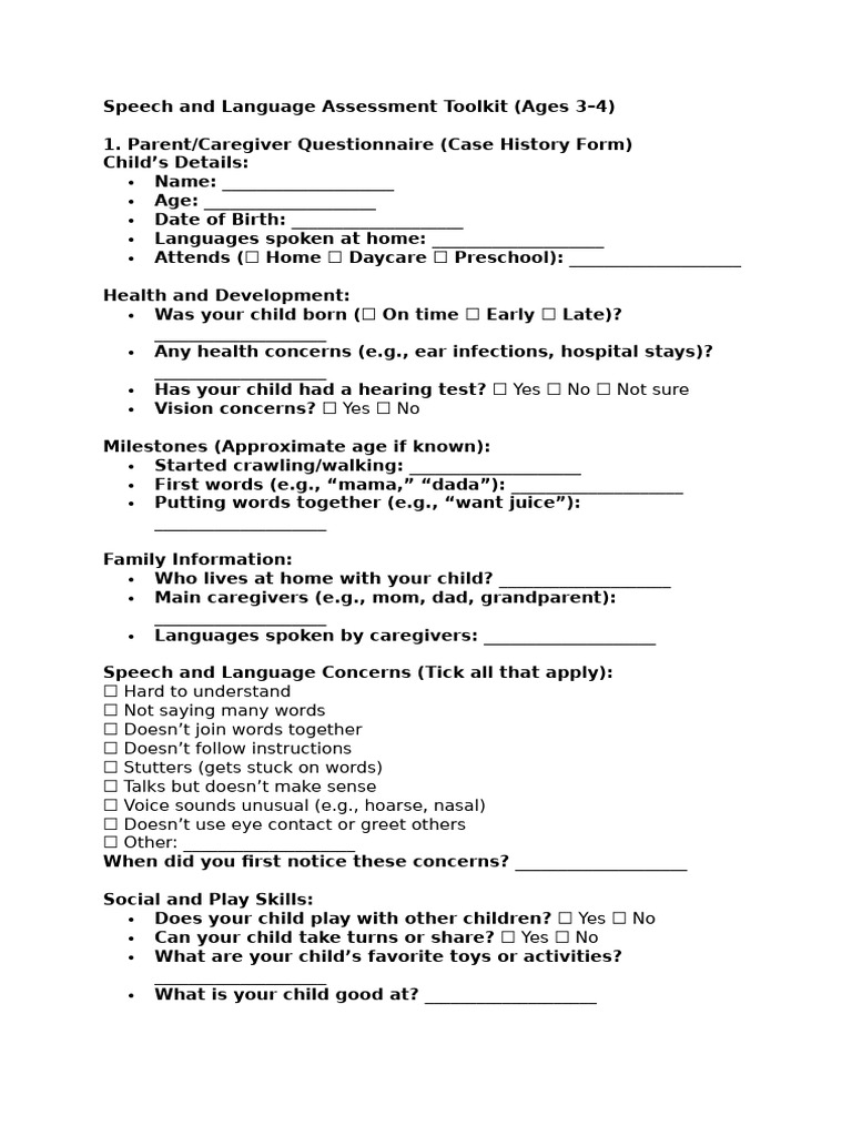 Speech and Language Assessment Toolkit - Ages 3-4 | PDF | Word | Speech