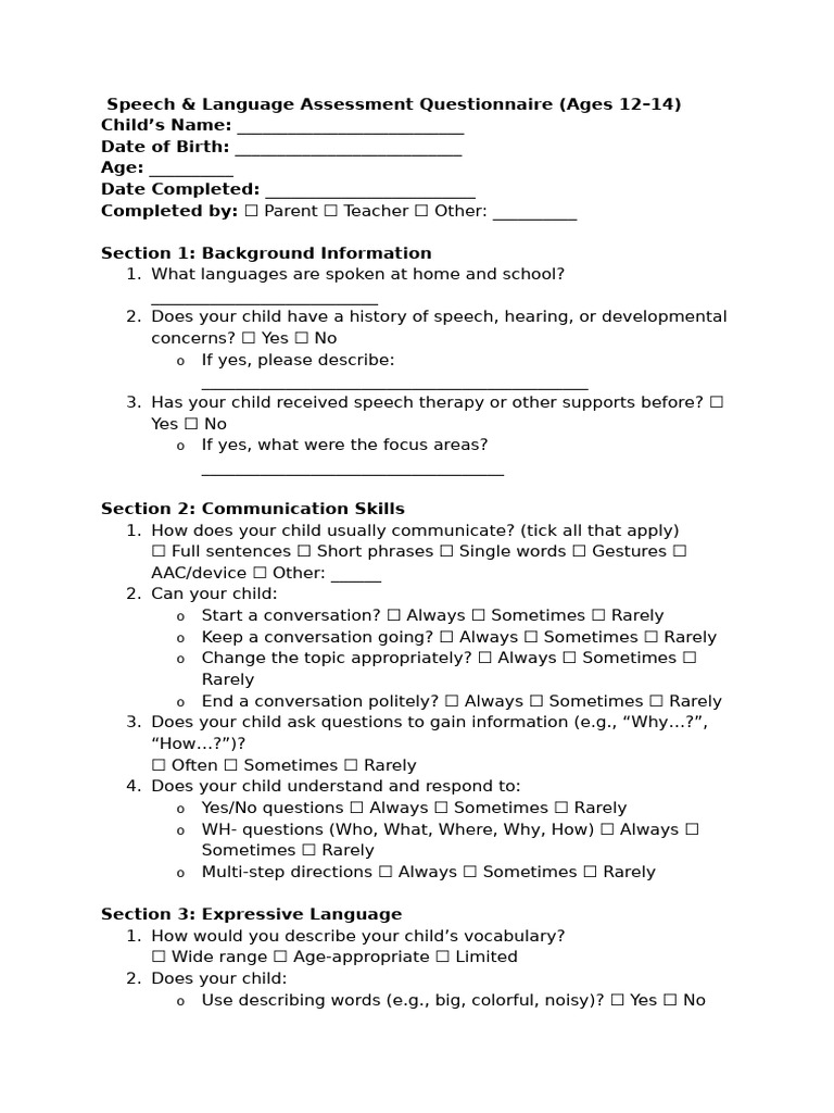 Speech and Language Questionnaire For 12-14 Years Old | PDF | Speech ...