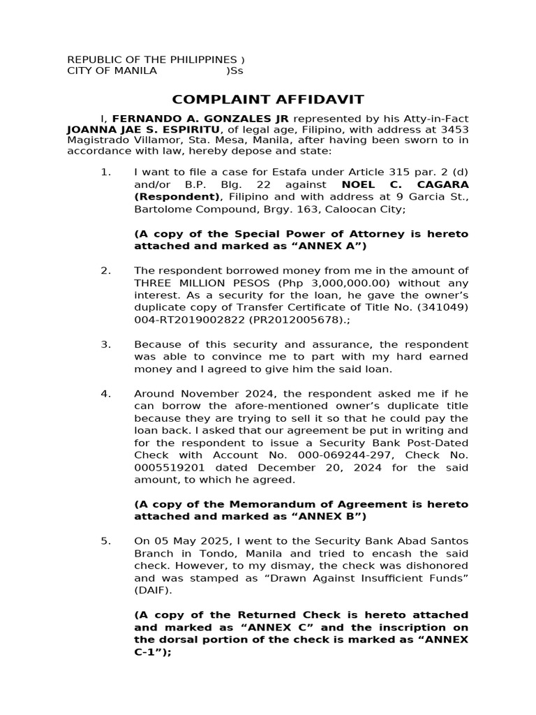 Complaint Affidavit - Sirjhon | PDF | Cheque
