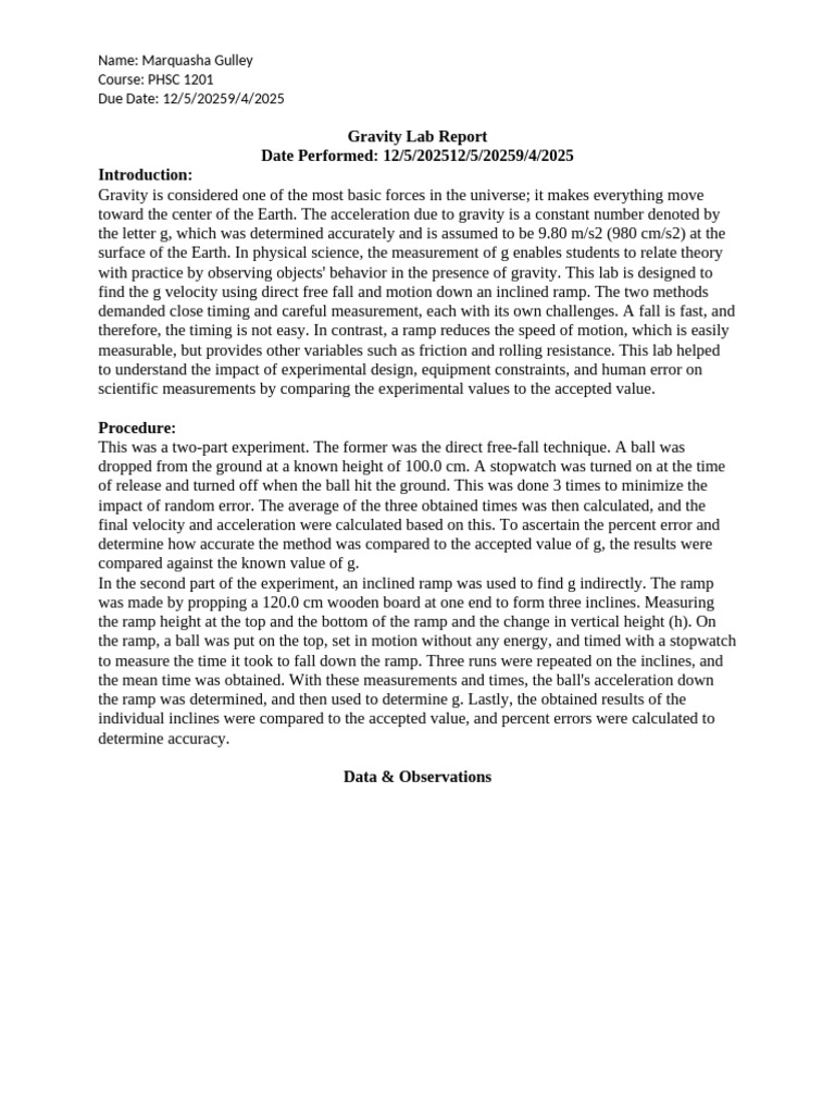 Gravity Lab Report2.Edited | PDF | Observational Error | Experiment