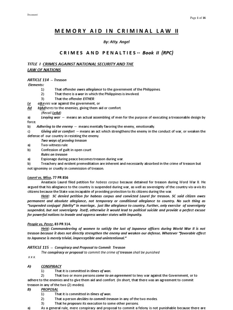 Memory Aid in Criminal Law Ii: Crimes and Penalties - Book Ii (RPC ...