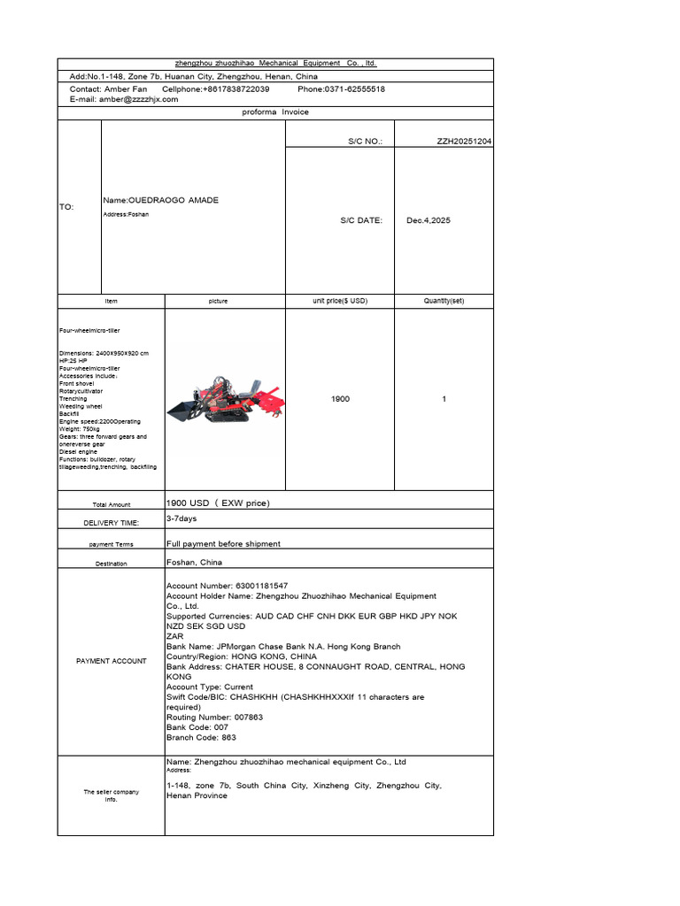 Proforma Invoice for Four-Wheel Tiller | PDF | Numismatics | Financial ...