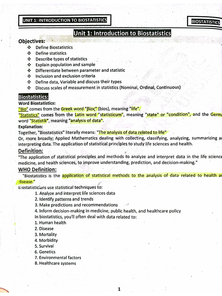 Biostatistics Unit 01 Book | PDF
