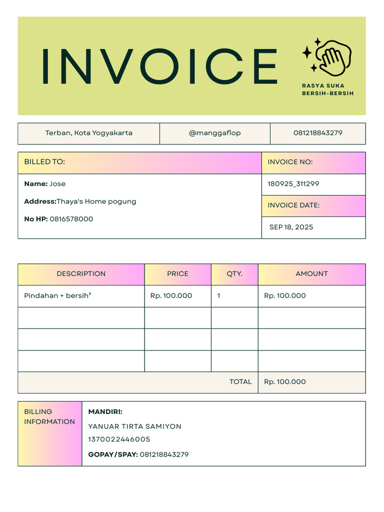 Contractor Invoice Professional Doc in Light Green Black Clean Muted ...