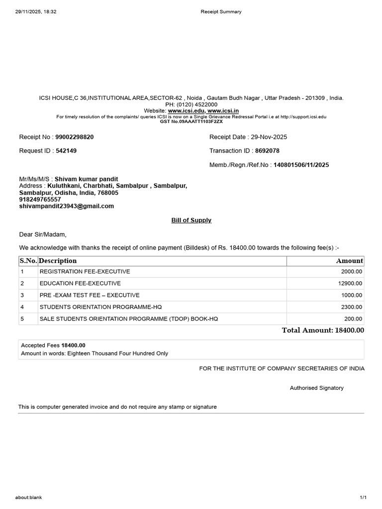 ICSI Payment Receipt for Executive Registration | PDF | Receipt | Business