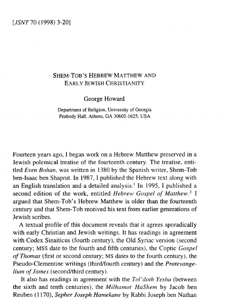 Shem-Tob's Hebrew Matthew & Early Jewish Christianity | PDF | Gospel Of ...