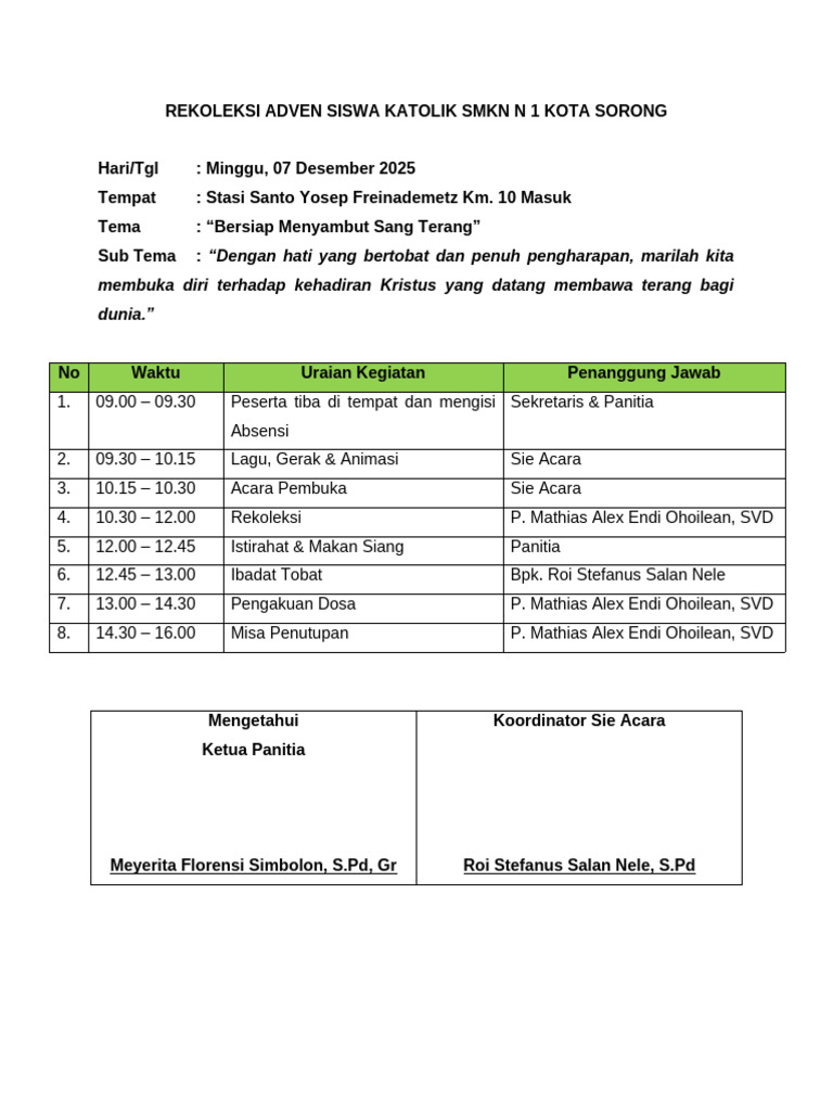 Rekoleksi Advent Siswa Katolik 2025 | PDF