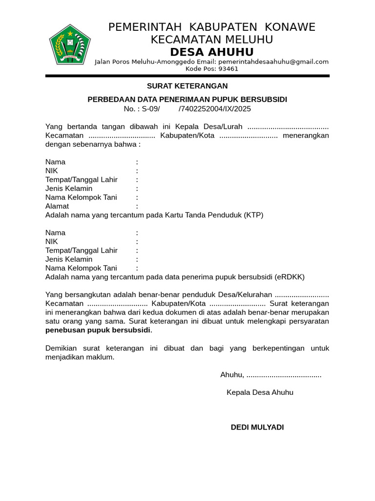 Format II.1 Surat Keterangan Perbedaan Data Penerima Pupuk Bersubsidi (1) | PDF
