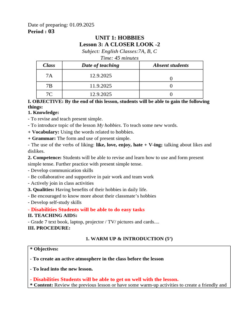 Tiếng Anh_Lớp 7_Tiết 3 _Unit 1 Lesson 3 a Closer Look 2 | PDF | Verb ...