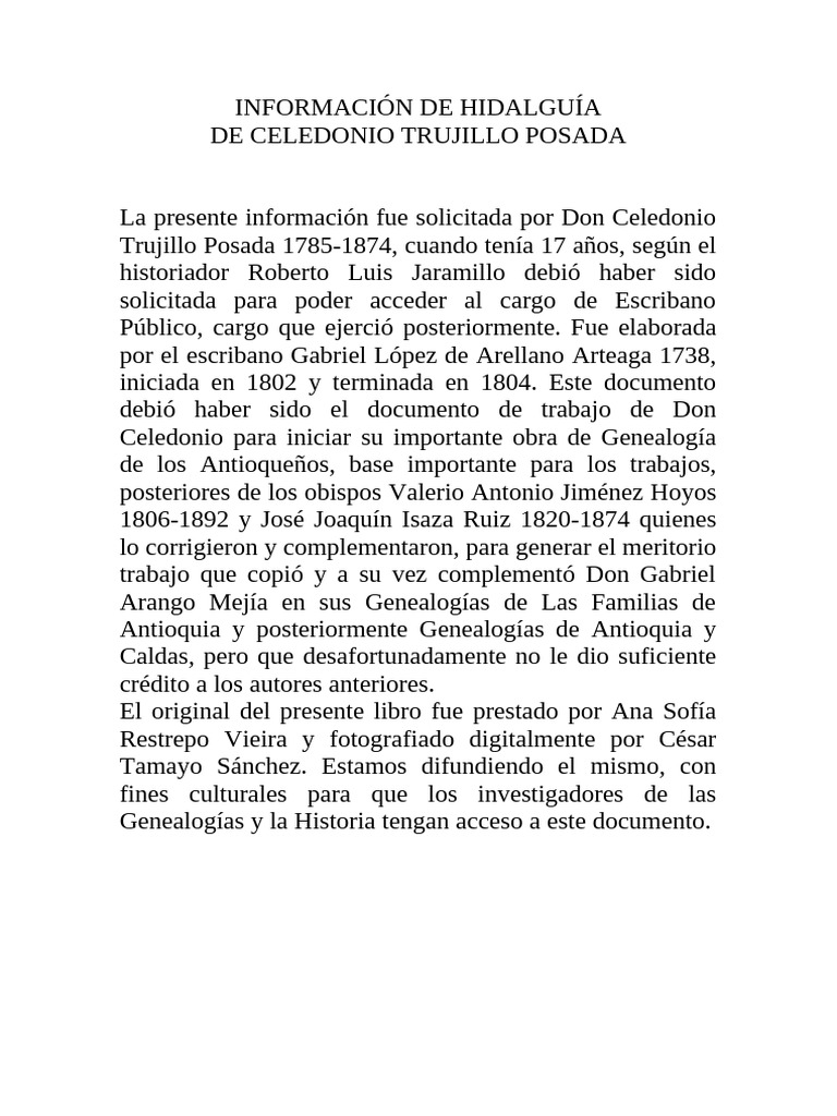 Información de Hidalguía Celedonio Trujillo Posada | PDF