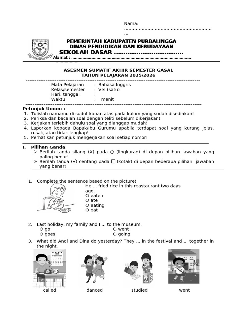 English Final Exam Grade 6 Semester 1 | PDF