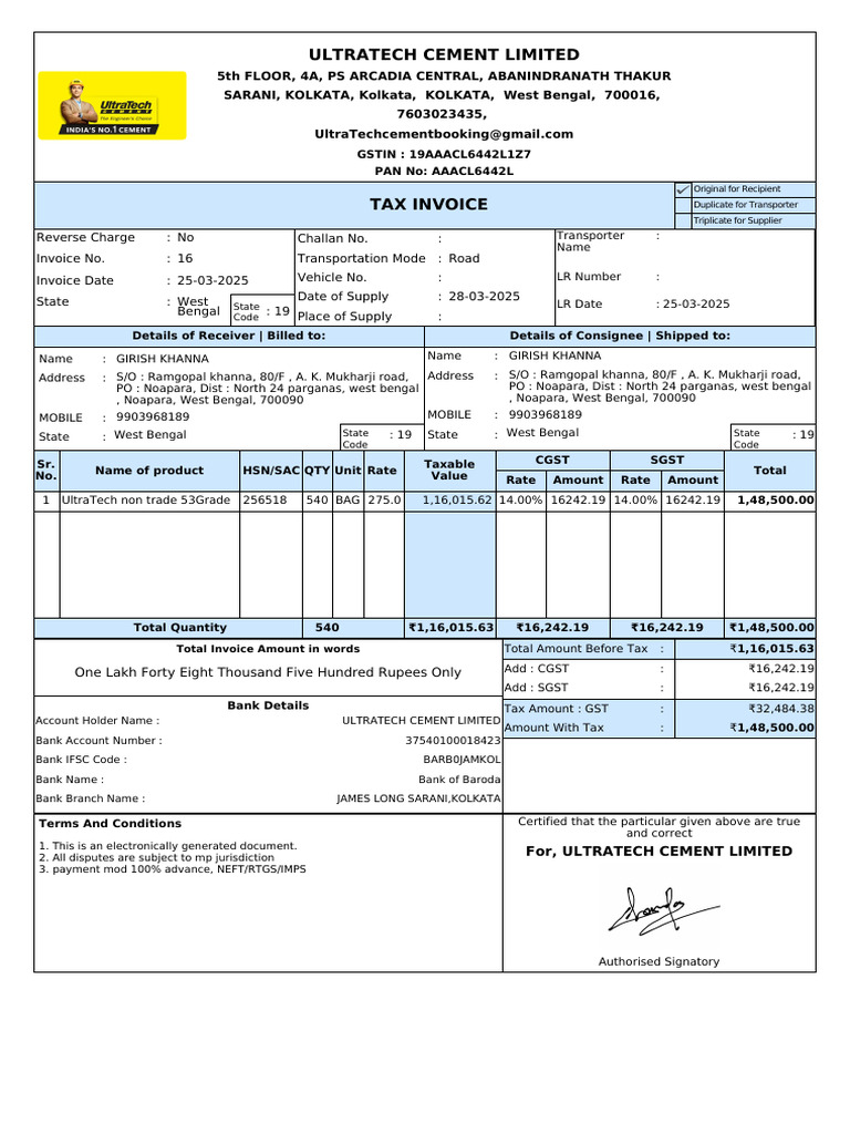 UltraTech Cement Invoice Terms & Details | PDF | Payments | Taxes
