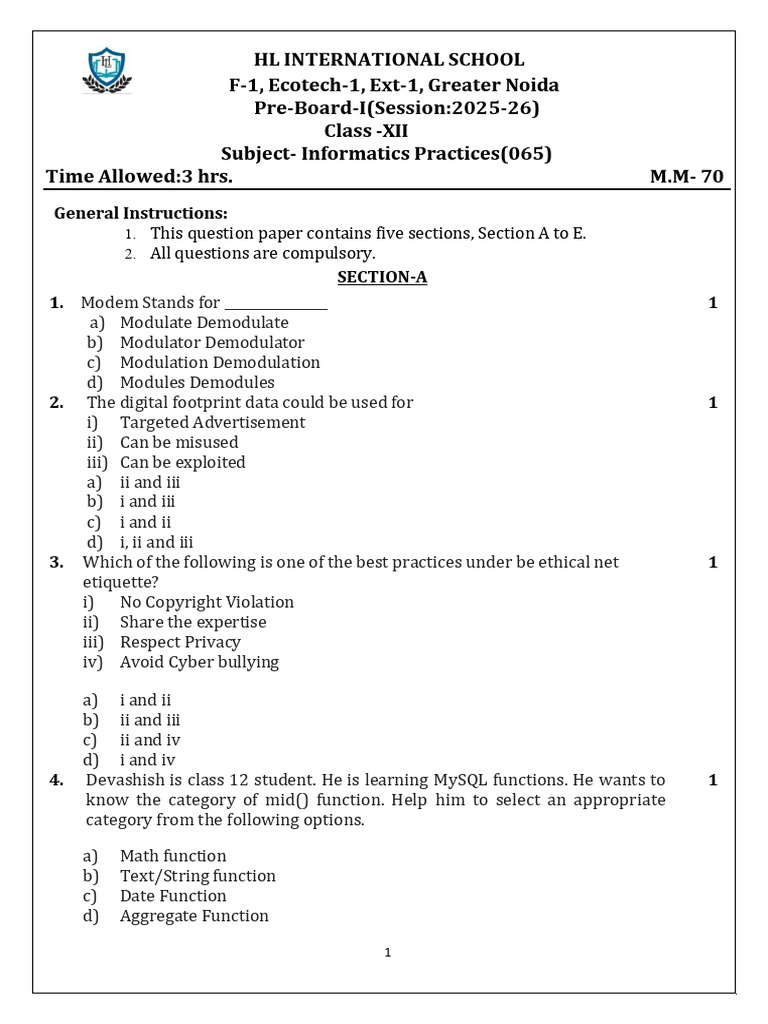 Class XII Informatics Practices Pre-Board Exam | PDF | Computing