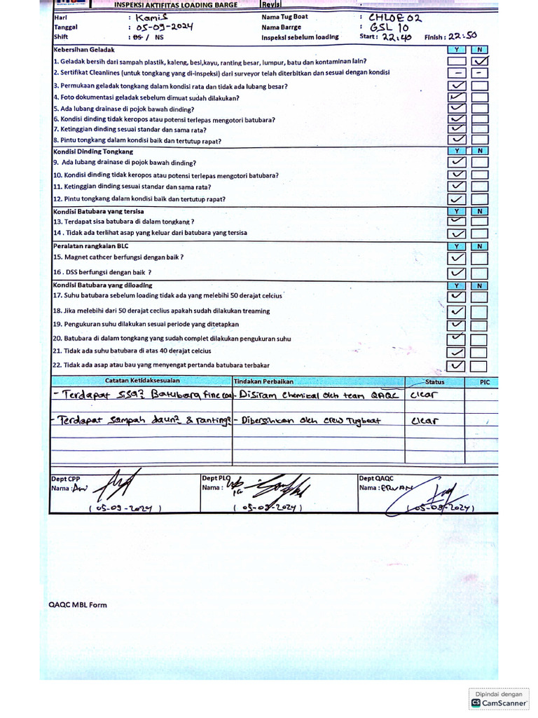Form Cheklist Dan Suhu Batu Bara TB Chloe 02 BG GSL 10 | PDF