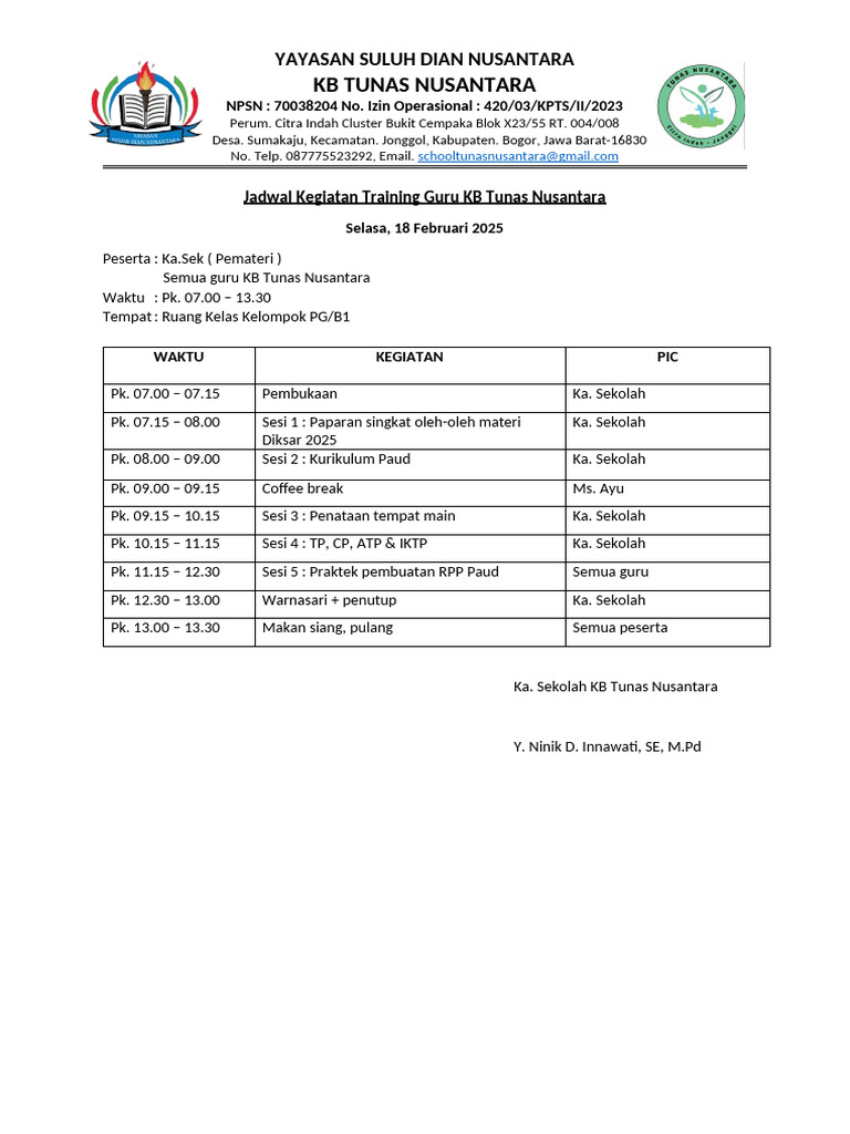 Jadwal Kegiatan Training Guru KB Tunas Nusantara | PDF