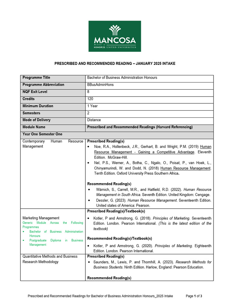 BBA Honours 2025 Reading List | PDF | Business