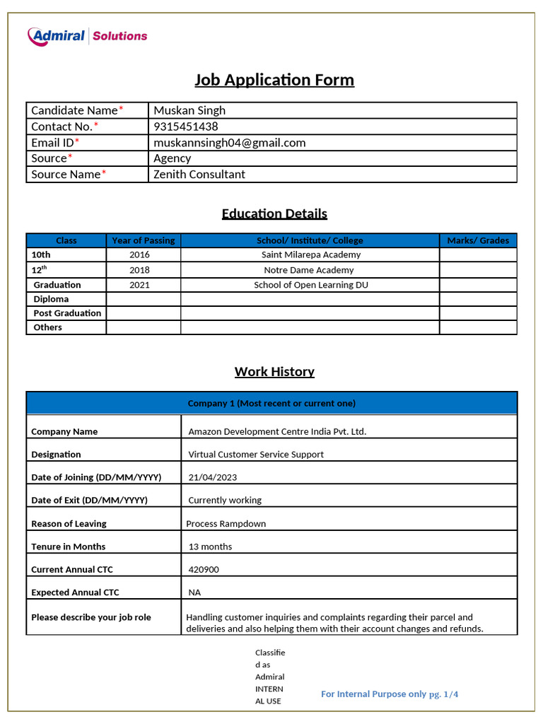 Admiral Solutions - Job Application Form (1) | PDF