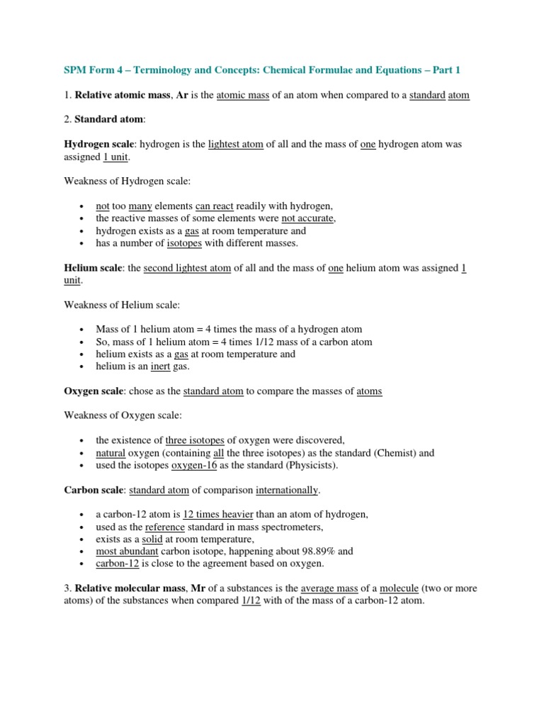 SPM Form 4 Terminology and Concepts Chemical Formulae and Equations ...