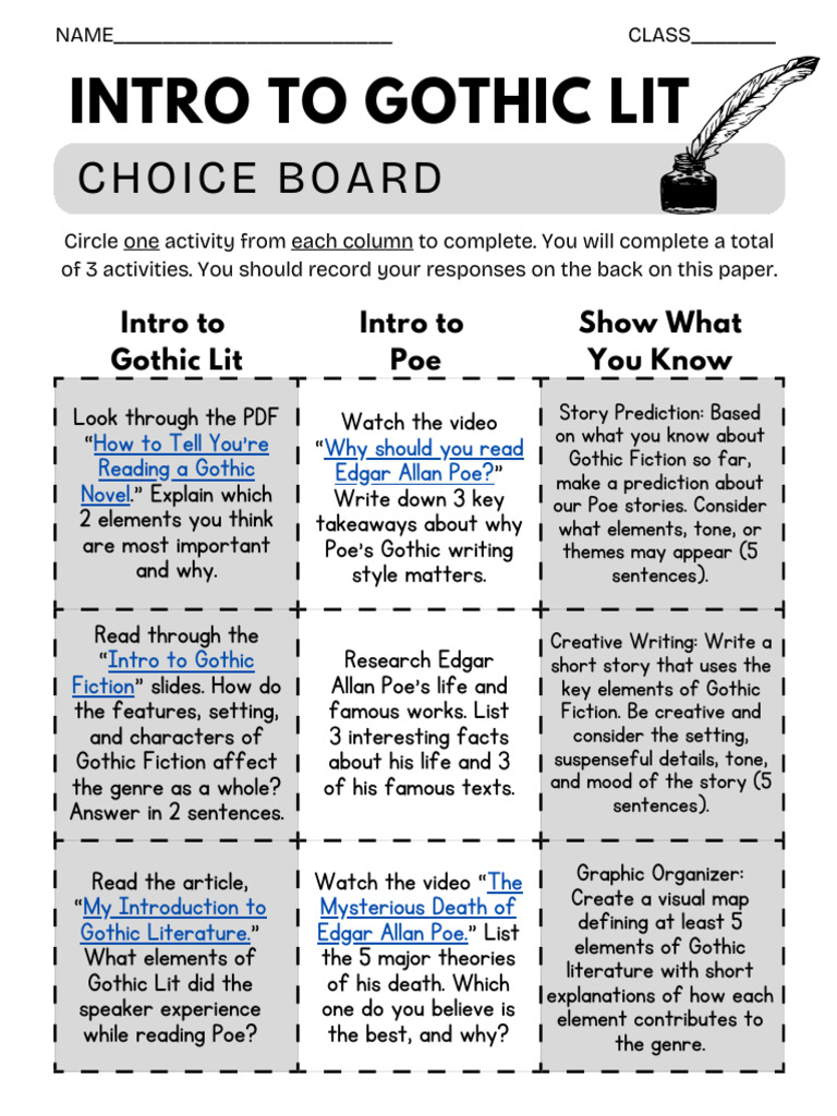Intro To Gothic Lit Choice Board | PDF | Gothic Fiction | Edgar Allan Poe