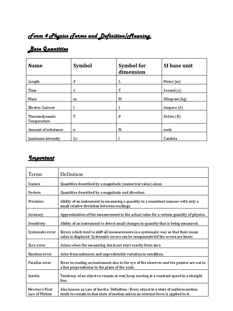 Form 4 Physics Terms and Definitions | PDF | Force | Heat