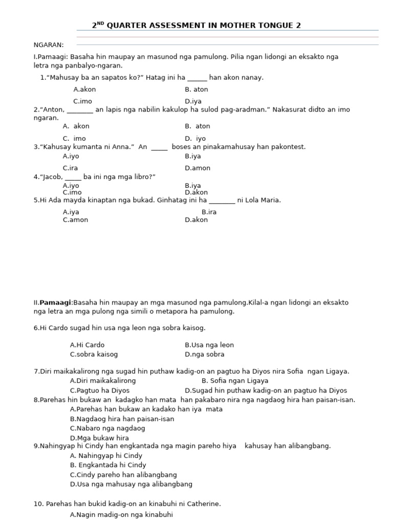 2nd Quarter Assesment in Mother Tongue 2 Quarter 2 | PDF