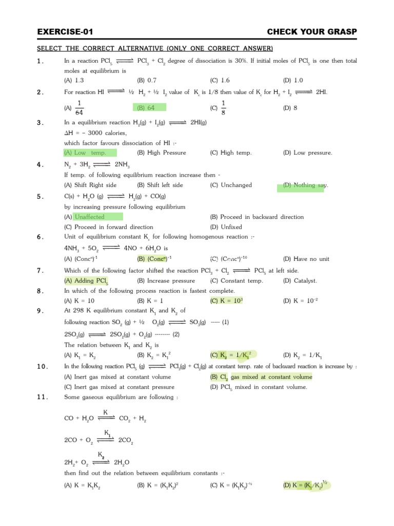 Chemical Equilibrium - PDF PrActice Jee | PDF | Chemical Equilibrium ...