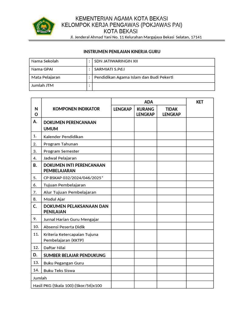 Instrumen Pkg Pai Pondok Gede 2025@Fix (1) | PDF