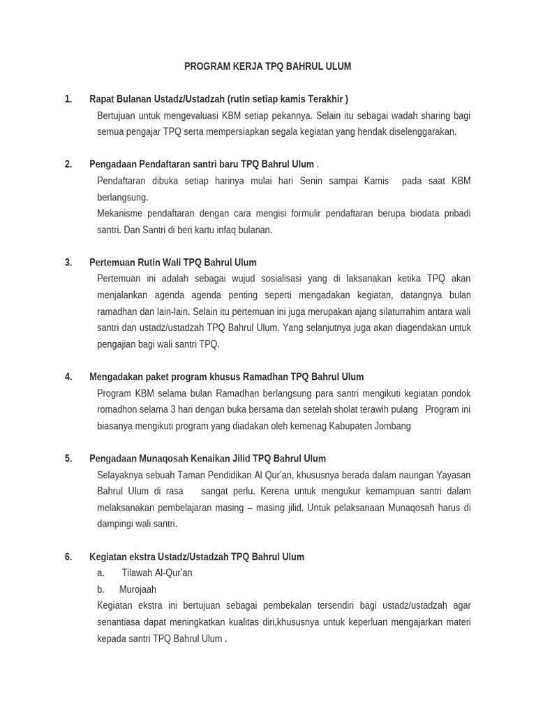 Program Kerja TPQ Bahrul Ulum 2023 | PDF
