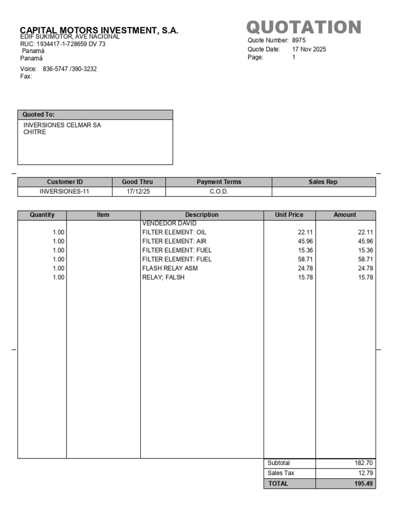 Quotation: Capital Motors Investment, S.A | PDF