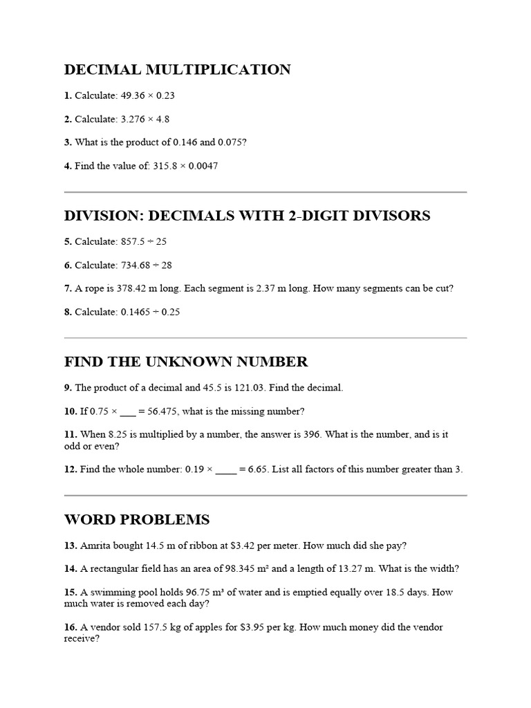 HW GR 7 Decimal Multiplication, Division | PDF