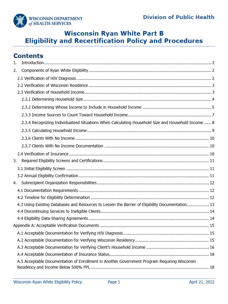 Wisconsin Ryan White Part B Eligibility and Recertification Policy and ...