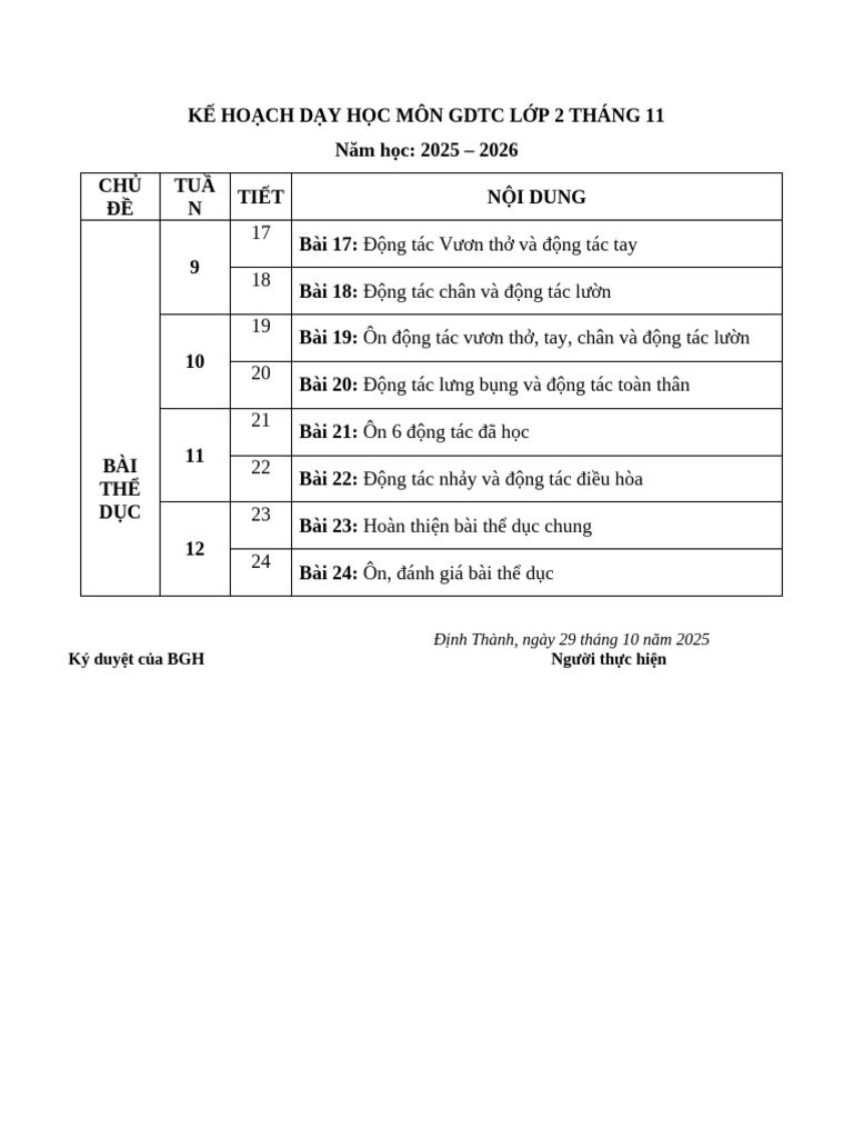 Kế Hoạch Dạy Học Môn Gdtc Lớp 2 Tháng 11 | PDF