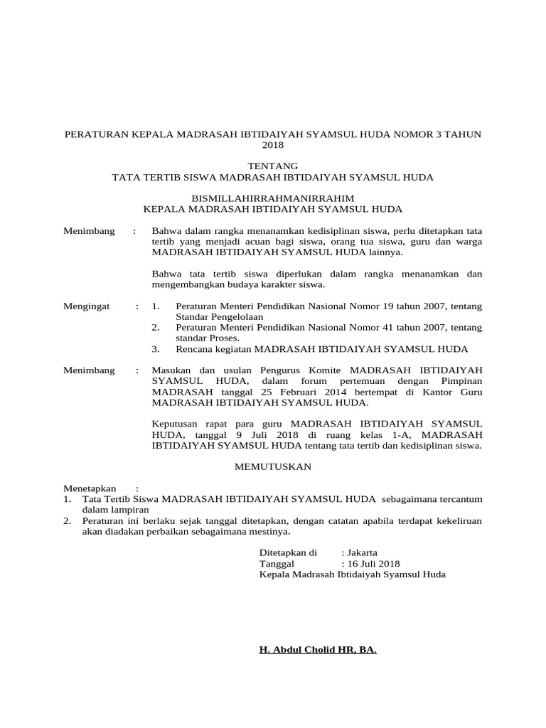 Tata Tertib Siswa MI Syamsul Huda 2018 | PDF