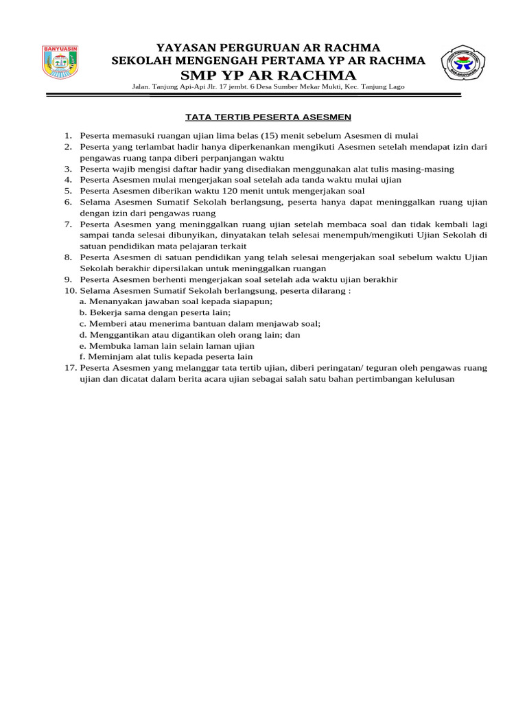 Tata Tertib Ujian SMP YP Ar Rachma | PDF