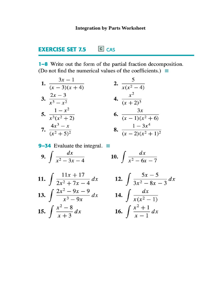 Integration by Parts Worksheet | PDF