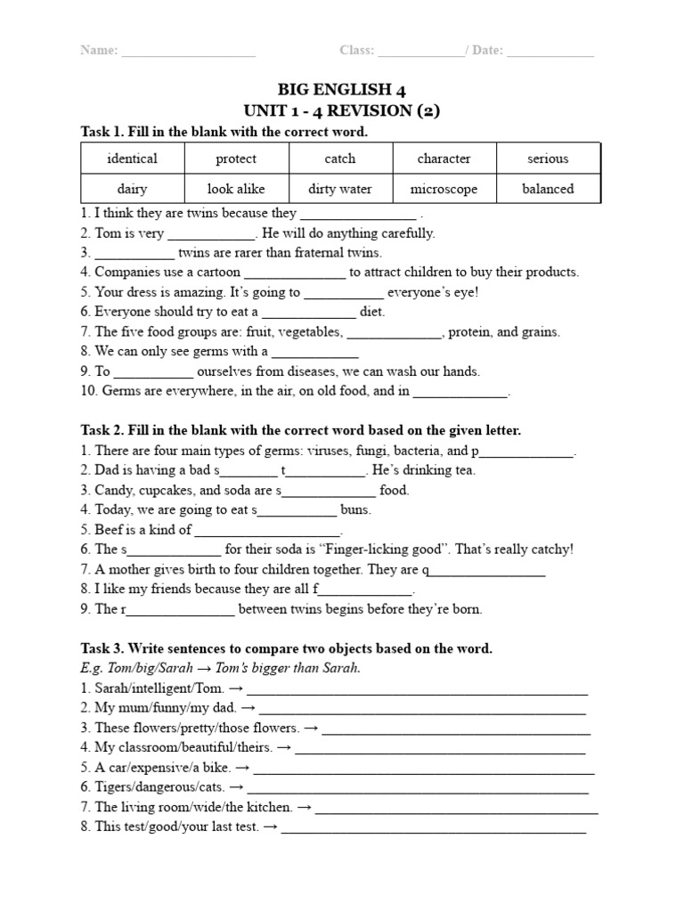 Big English 4 Unit 1-4 Revision Guide | PDF