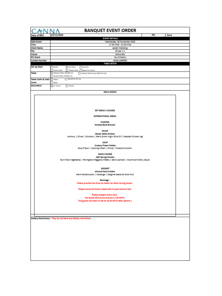 BEO Ops Be Heard Bali Experience Dinner on 26 November 2025 at Stone ...