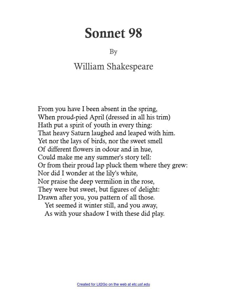 The Sonnets 098 Sonnet 98 | PDF