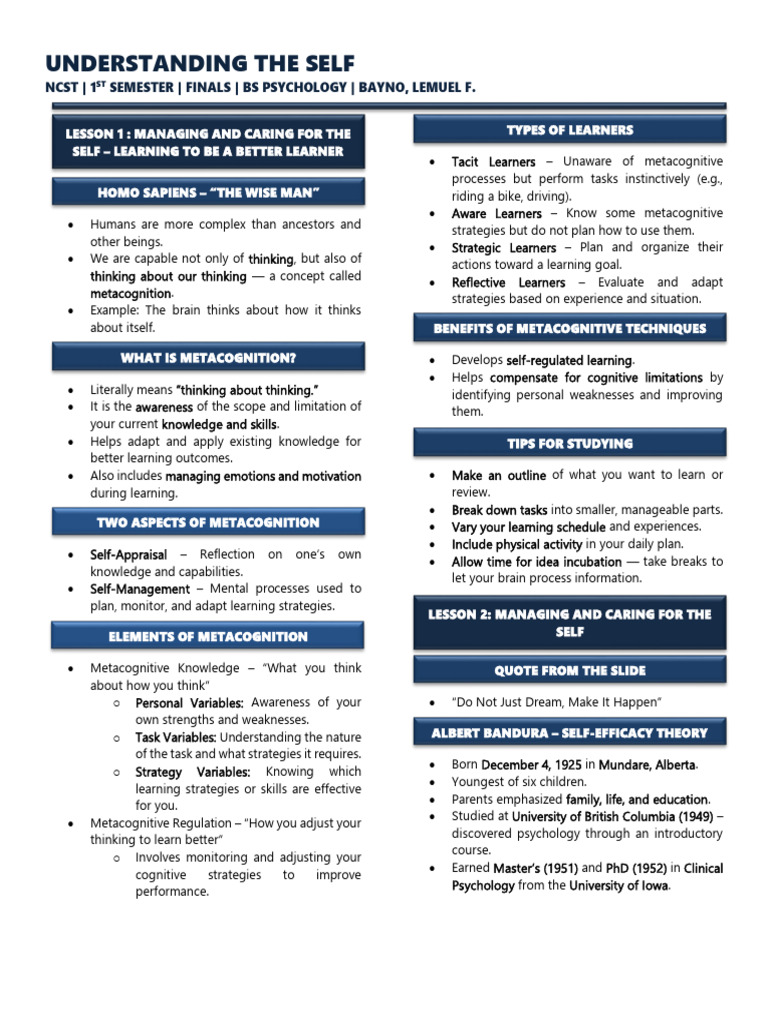 Uts Reviewer Fn | PDF | Self Efficacy | Metacognition
