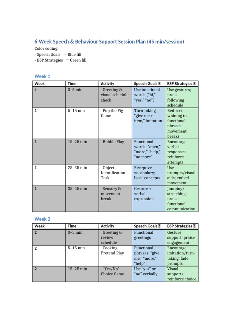 6-Week Speech & Behavior Support Plan | PDF | Gesture | Communication