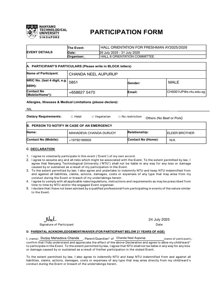 NTU Event Participation Form 2025 | PDF