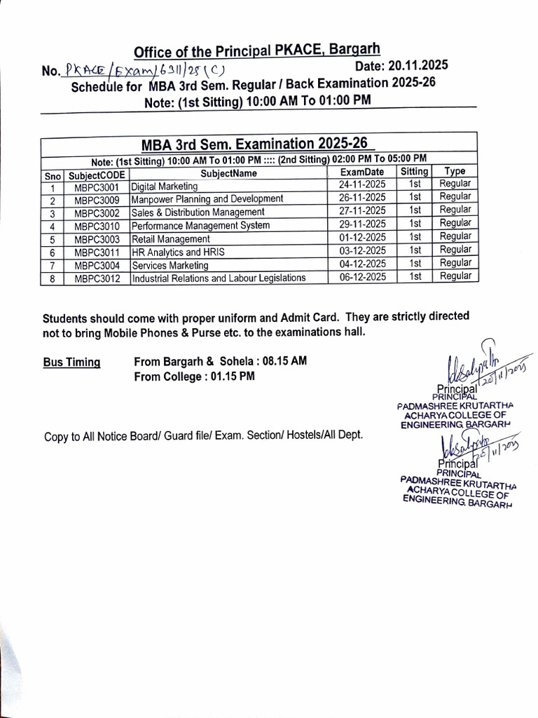 MBA 3rd Sem Exam Schedule 2025-26 | PDF