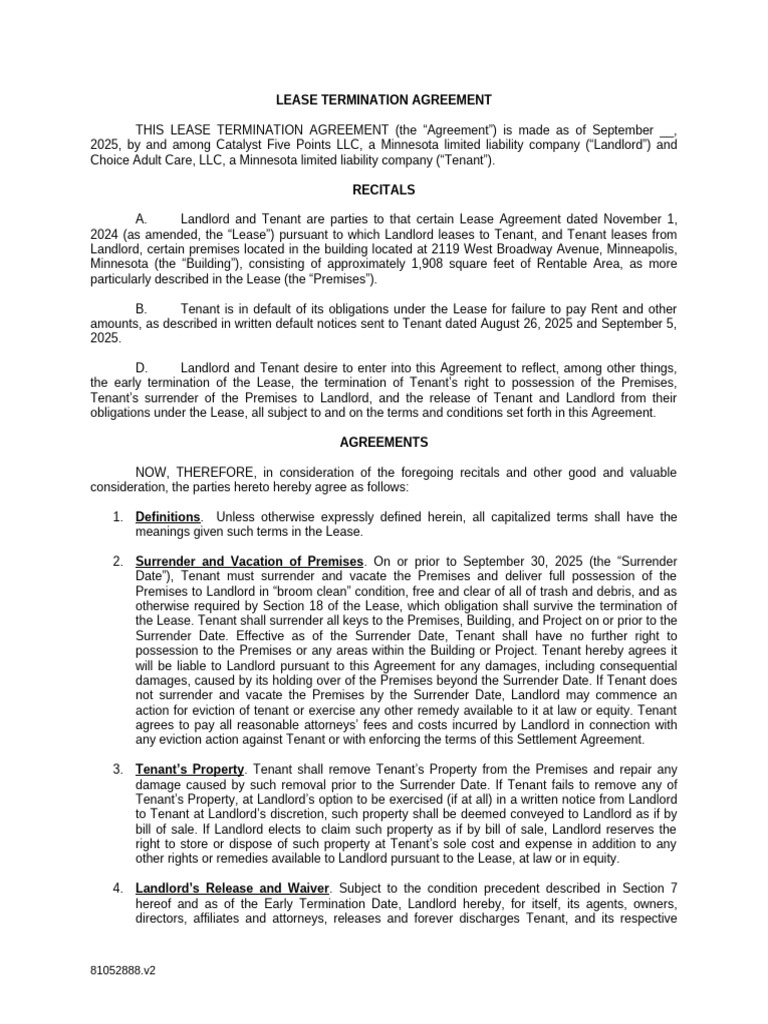 Lease Termination and Surrender Agreement - Choice Adult Daycare ...