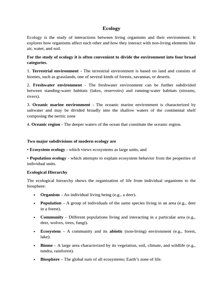 Ecology Ecological Hierarchy, Habitat and Niche, Ecosystem | PDF ...