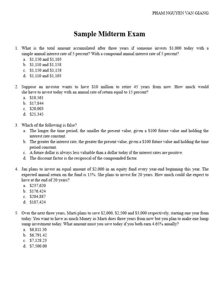 Sample Midterm Exam | PDF | Bonds (Finance) | Annual Percentage Rate