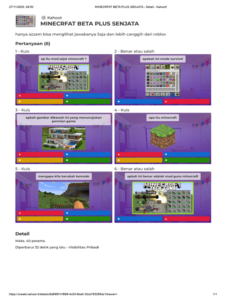 Kuis Kahoot! Minecraft Beta Plus Senjata | PDF