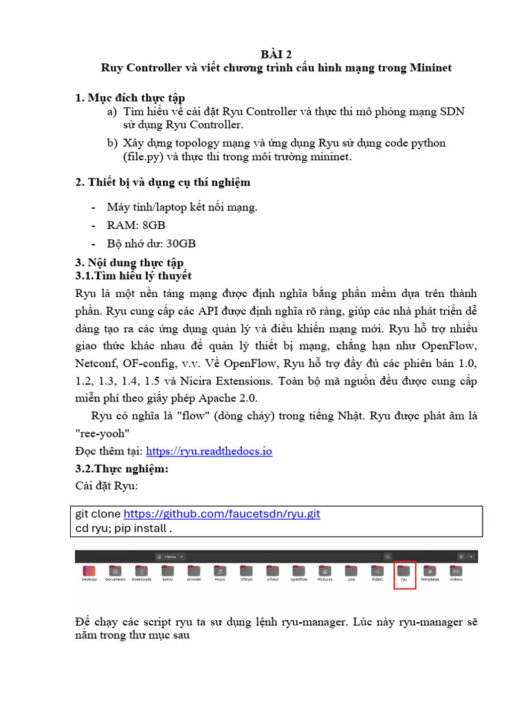 Bai 2-Cài đặt Ruy Controller và viết chương trình cấu hình mạng trong Mininet | PDF