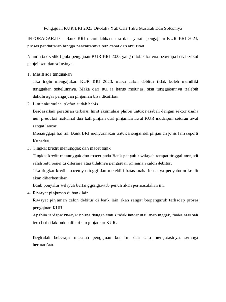 Pengajuan KUR BRI 2023 Ditolak | PDF